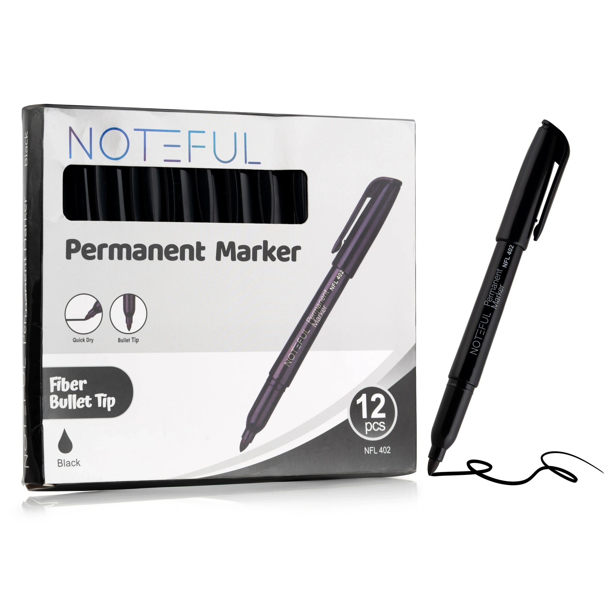 Noteful Permanent Marker - Black Bullet Tip | Pack of 12 | Quick-Dry